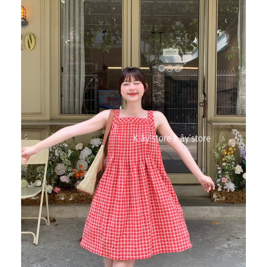 Váy Hai Dây Caro Đỏ Vintage Dáng Babydoll, Đầm 2 Dây Caro Xinh Xắn Tiểu ...