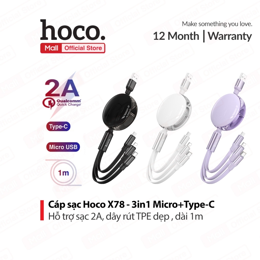 Cáp Sạc Hoco X78 3in1 USB dành cho Smartphone/Android/LN thiết kế dây ...