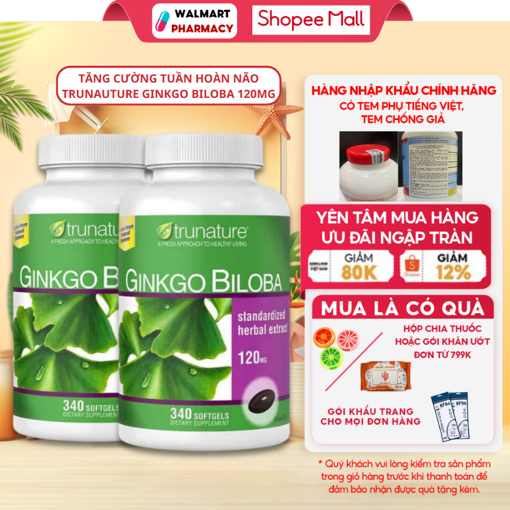 Viên uống hỗ trợ tuần hoàn máu não bổ não Trunature Ginkgo Biloba 340 ...