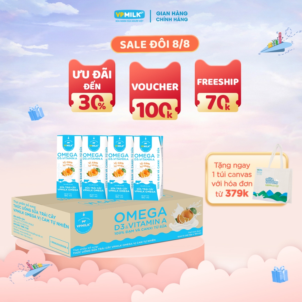Sữa trái cây VPMILK Omega vị CAM tự nhiên hộp 180ml (Thùng 48 hộp ...