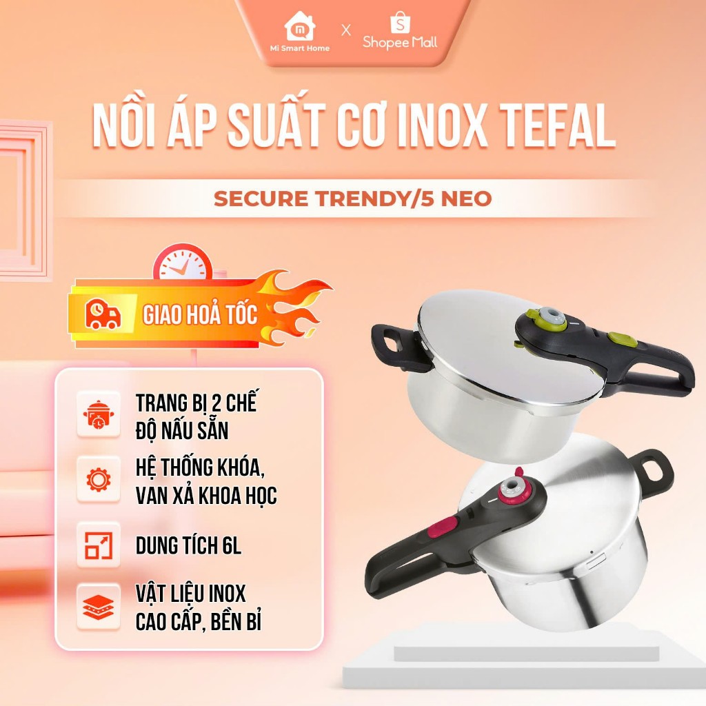 Nồi áp suất cơ inox Tefal Secure Trendy và Secure 5 Neo, Dung tích 6L ...