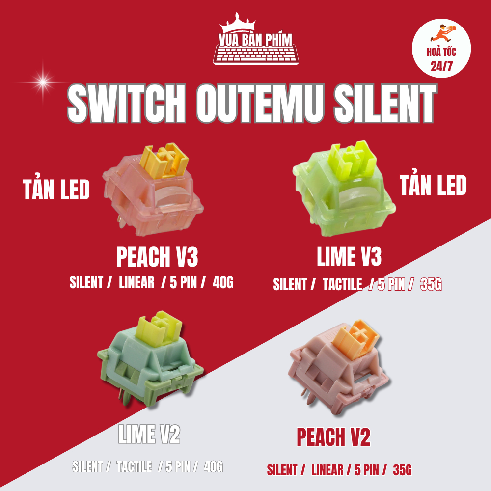 Switch outemu silent peach v2 linear / lime v2 tactile 5pin , không ồn siêu yên tĩnh, giá rẻ ...