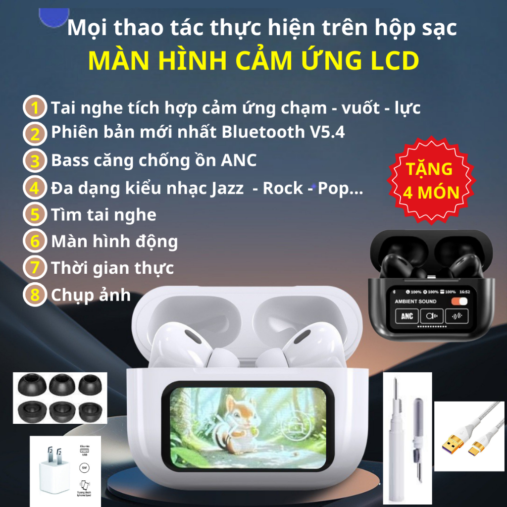 [TẶNG bút +đệm tai] Tai nghe không dây kết nối bluetooth a9pro màn hình ...