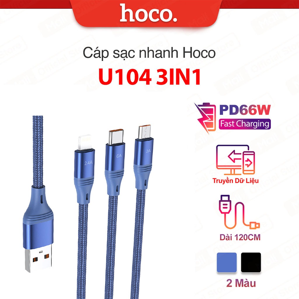 Cáp sạc nhanh và truyền dữ liệu Hoco U104 66W 3in1 1 ip/Type-C/Micro ...