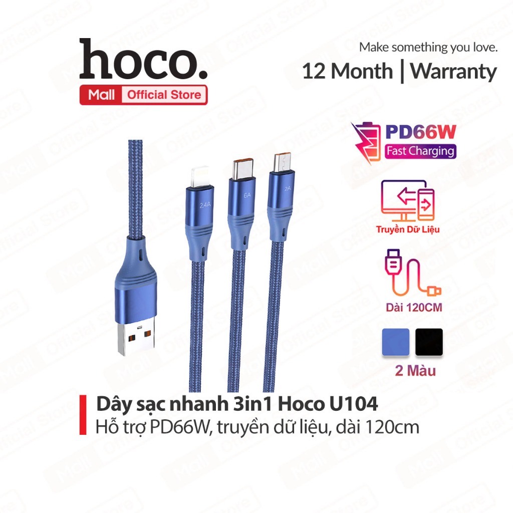 Cáp sạc nhanh PD66W 3IN1 USB to Micro/IP/Type-C Hoco U104 tương thích ...