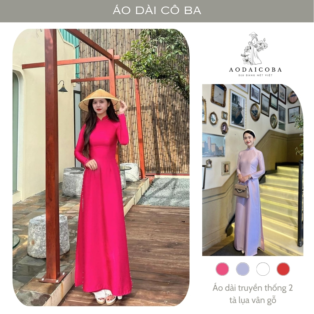 Áo dài truyền thống lụa vân gỗ đính ngọc viền tà sang trọng, tôn dáng ...