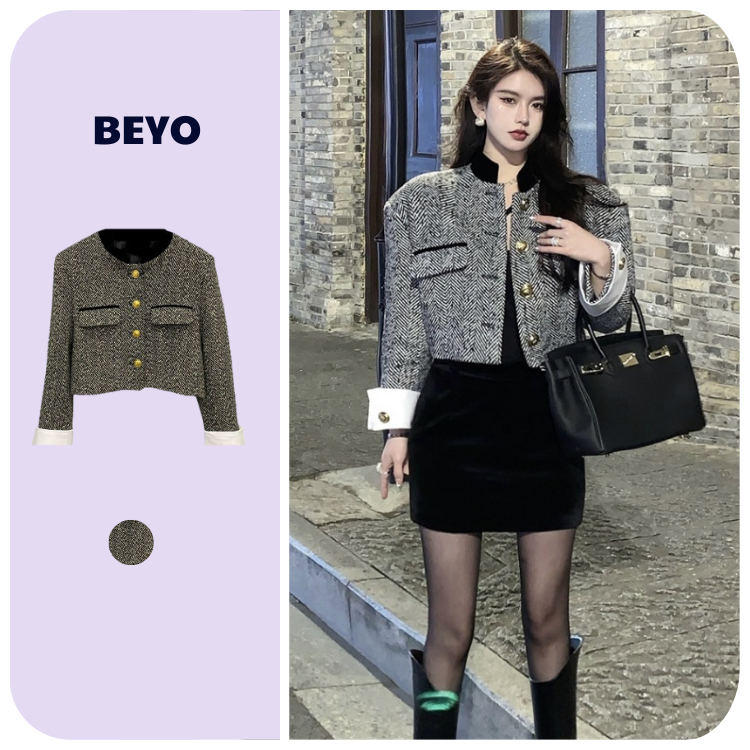 Áo khoác dạ Beyo áo dạ tweed phối tay trắng dáng ngắn phong cách Hàn ...