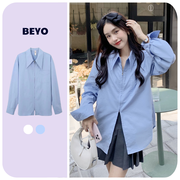 Áo sơ mi nữ Beyo áo sơ mi kéo khoá 2 đầu dáng rộng sơ mi trơn dài tay ...