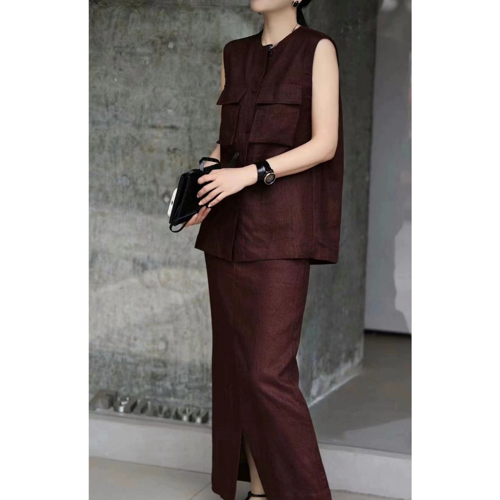 Set váy đầm sát nách vải Linen nâu gụ mềm mịn thiết kế dáng rộng che ...