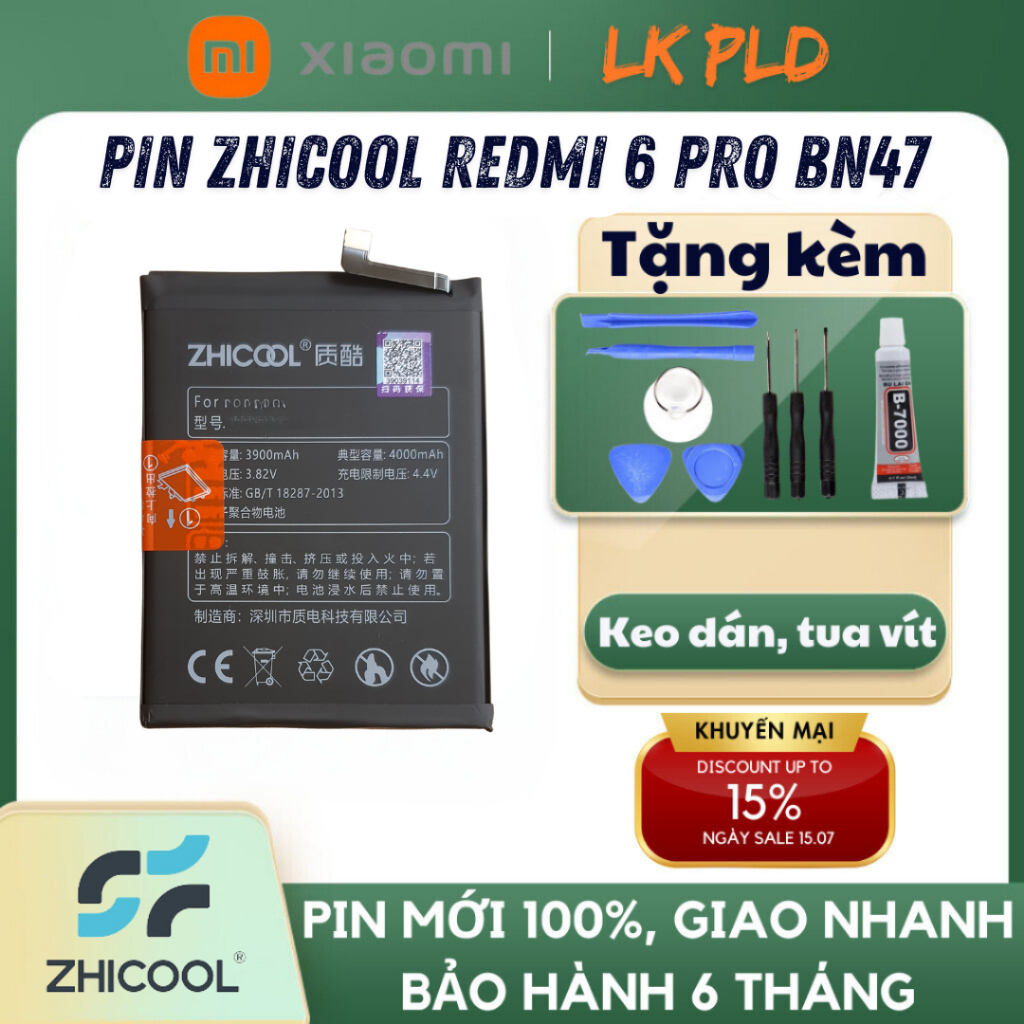 Pin Redmi 6 Pro hãng Zhicool, Mã pin BN47, Dung lượng 4000mAh, Tặng kèm ...