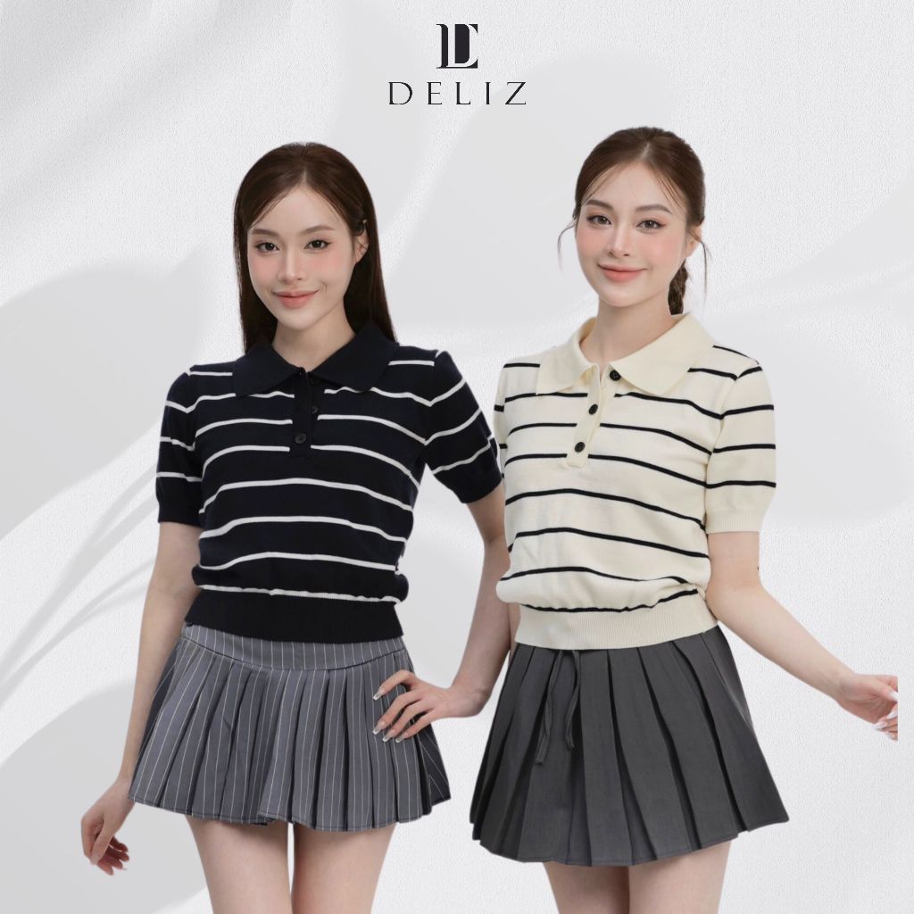 Áo len mỏng cổ đức polo phối cúc cộc tay kẻ sọc line chất len lông thỏ ...