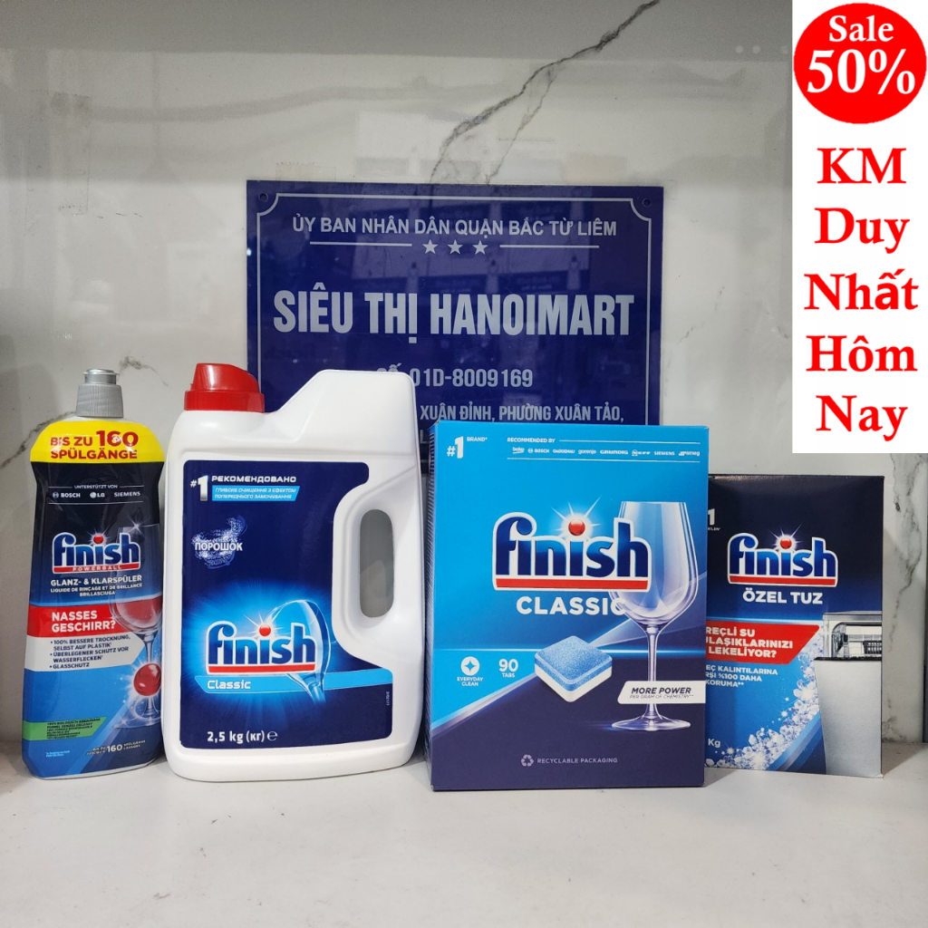 Bộ 3 SP Viên Finish 90 + Muối Finish 1.5kg + Nước làm bóng chén bát ...