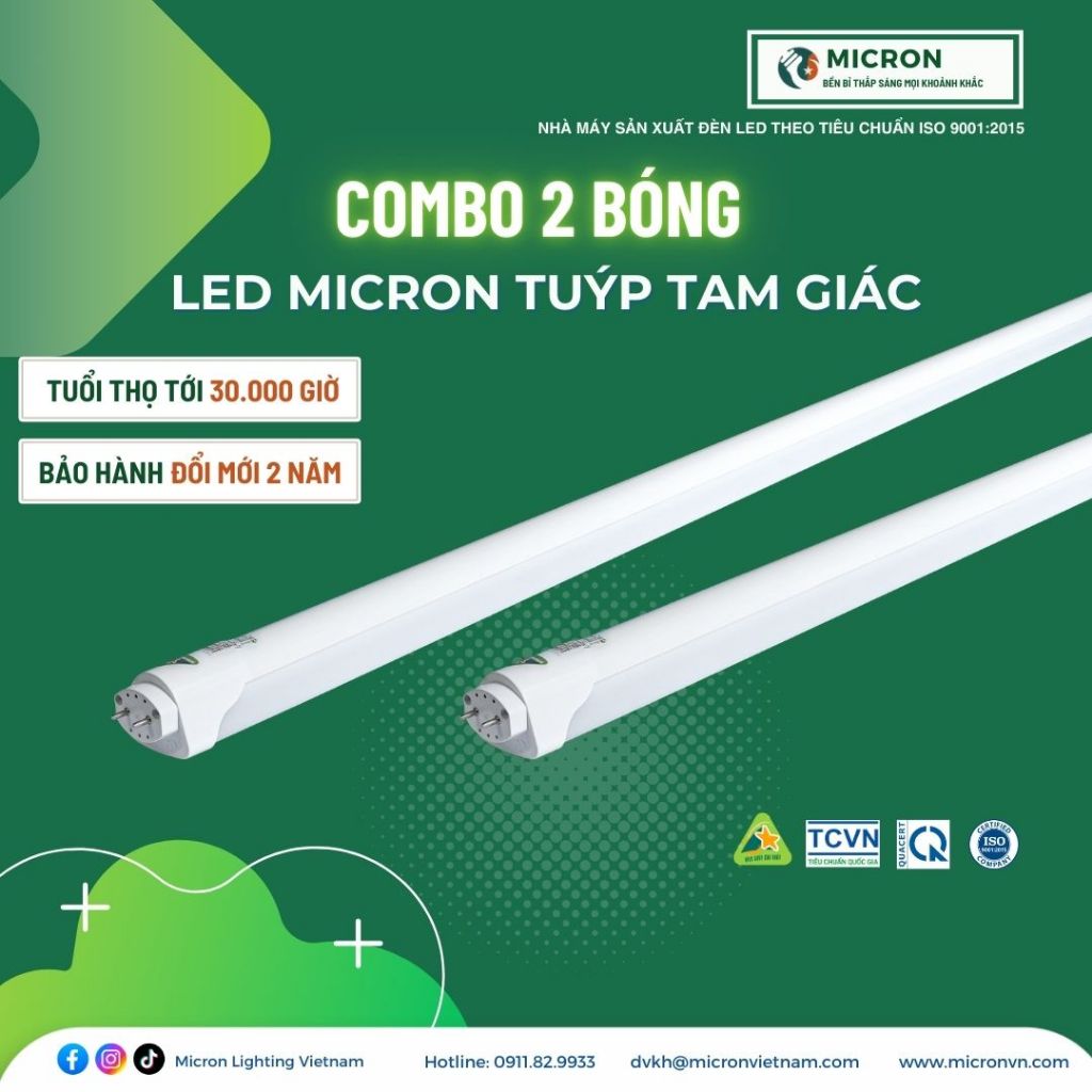 COMBO 2 BÓNG Đèn LED Tuýp Tam giác Micron 1m2 - Micron Triangle LED Tube - Công suất 45W 1m2 ...