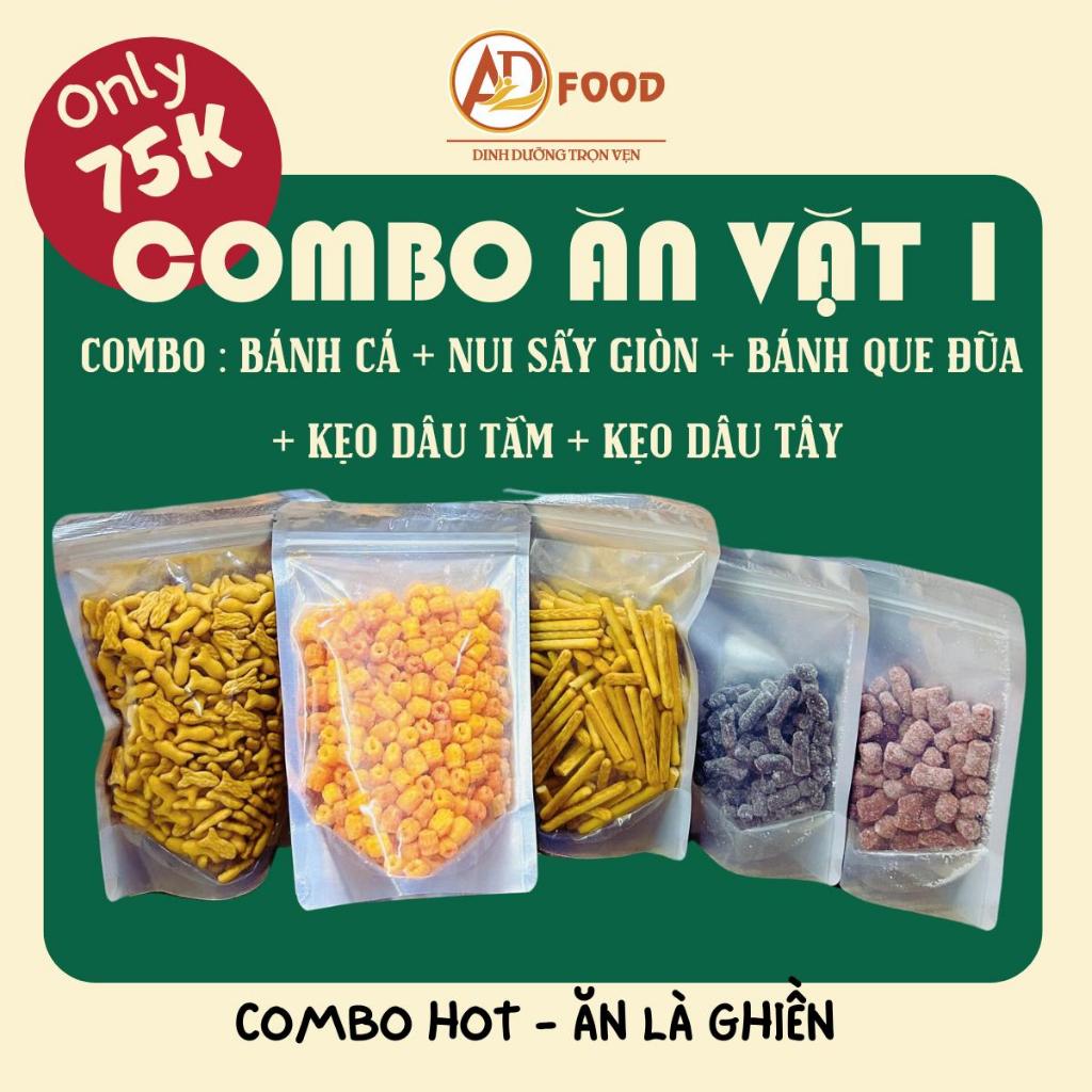 [COMBO 5 bịch đồ ăn vặt: 200g x5] BÁNH CÁ+NUI SẤY GIÒN+BÁNH QUE+KẸO DÂU TÂY+ KẸO DÂU TẰM - đồ ăn ...