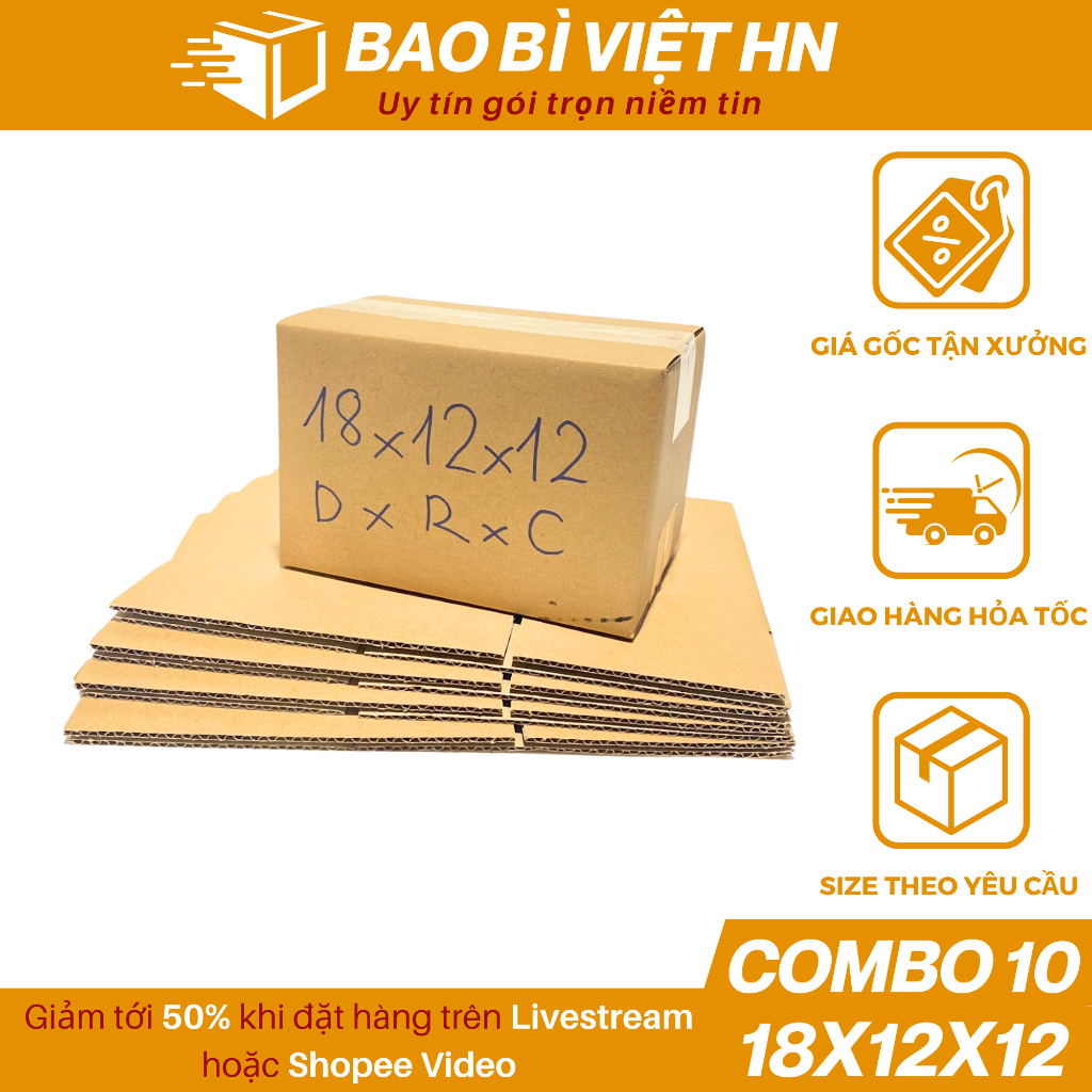 18x12x12 Combo 10 Hộp carton đóng hàng, hộp thùng carton giá gốc tận ...