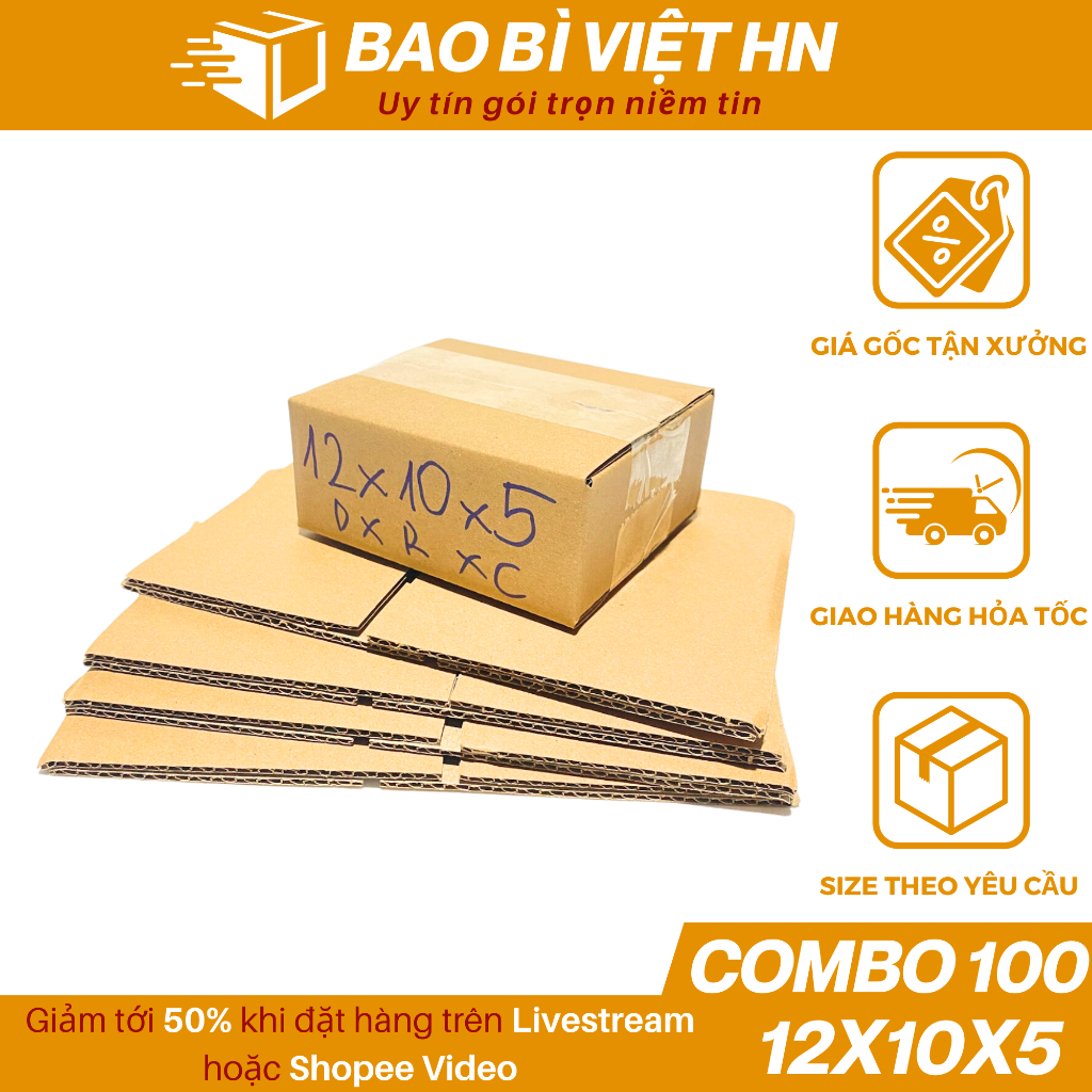 12x10x5 Combo 100 Hộp carton đóng hàng, hộp giấy gói hàng đựng mỹ phẩm ...