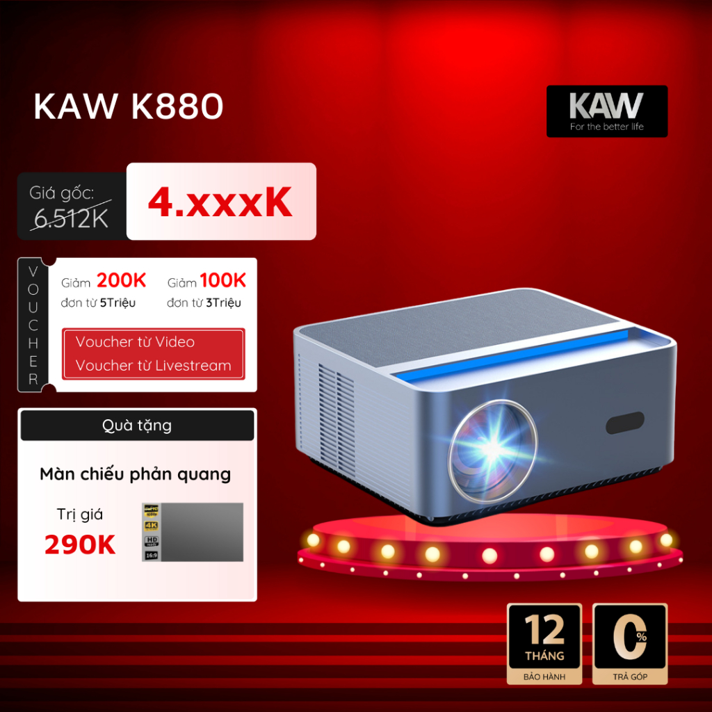 Máy chiếu mini SWI/KAW K880 - Độ sáng 12000 Lumens, Hỗ Trợ Hình Ảnh 4K, Wifi 2.4G/5G, Bảo Hành ...