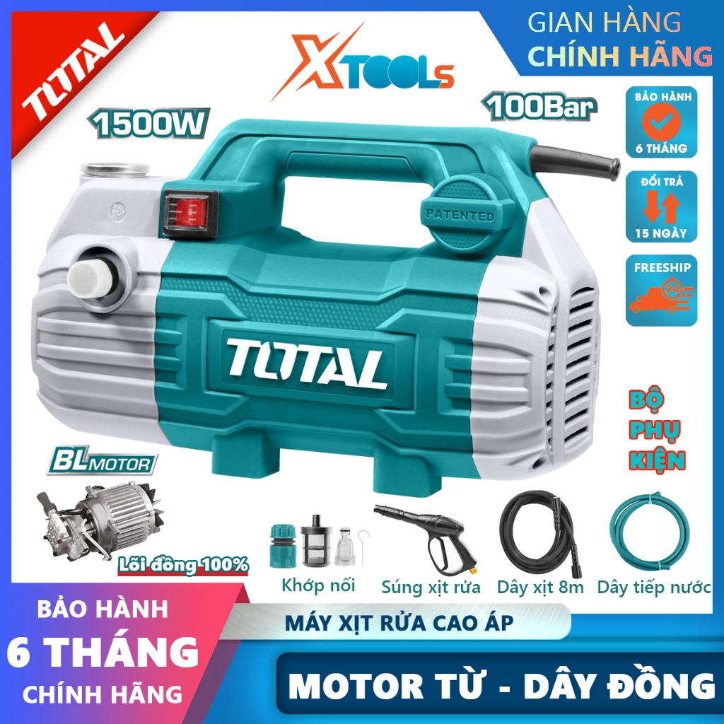 Máy xịt rửa xe áp lực cao TOTAL TGT11236 1500W dây đồng motor từ không chổi than máy xịt rửa áp ...