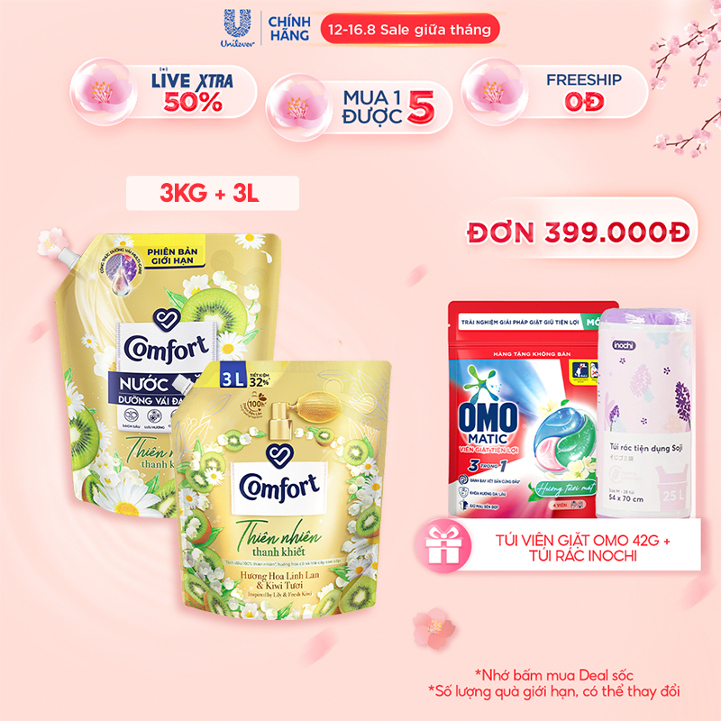 Combo Nước giặt Comfort dưỡng vải đa năng + Nước xả vải Comfort thiên nhiên thanh khiết Túi 3kg ...