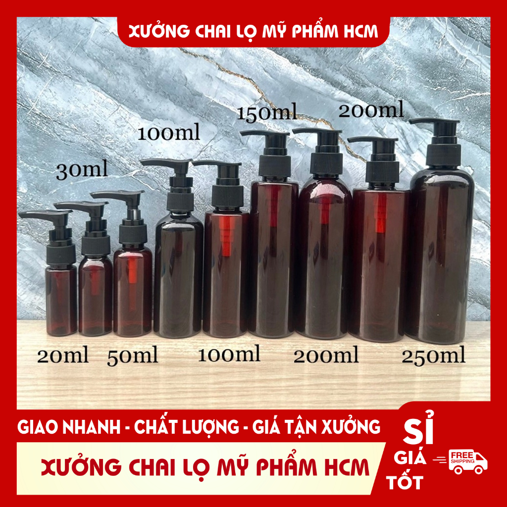 Chai Nhựa PET NÂU Vòi Nhấn ĐEN 20ML/30ML/50ML/100ML/250ML/300ML Chiết Mỹ Phẩm (Dầu Gội, Sửa Tắm ...