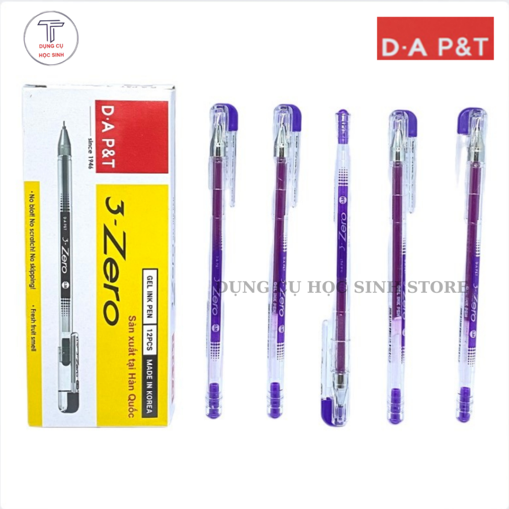 Hộp 12 cây Bút gel nước Hàn Quốc 3Zero hiệu D.A P&T Hàn Quốc ngòi 0.38mm (4 màu xanh, đỏ, tím ...