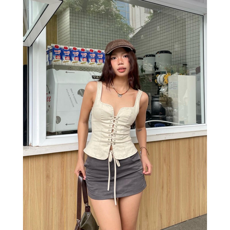 [order] vanilla coset top - áo kiểu đan dây kaki | Shopee Việt Nam