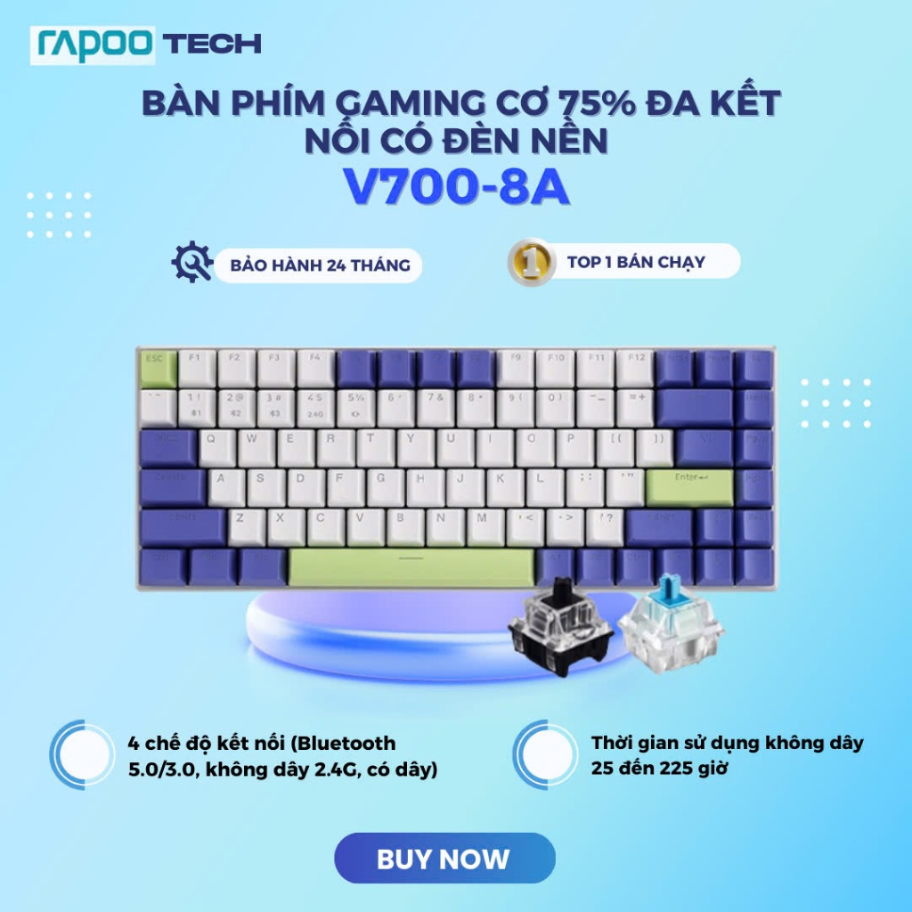 V700-8A (Tím Máu) Bàn Phím Gaming Cơ 75% Đa Kết Nối Có Đèn Nền / BÀN PHÍM GAMING RAPOO CHÍNH ...