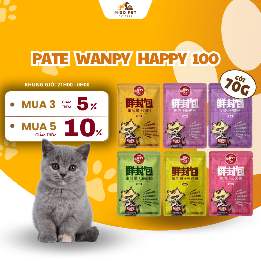Pate Wanpy Happy 100 Cho Mèo Gói 70g, Pate Cho Mèo 6 Vị Hấp Dẫn Nguyên ...