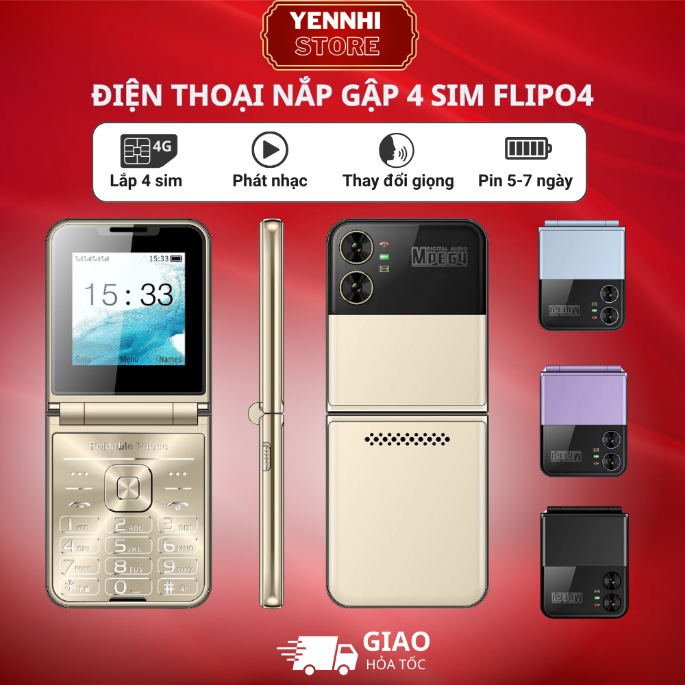 Điện Thoại Nắp Gập 4G Flipo4 4 Sim ,Màn Hình Hiển Thị Thông Báo, Phát ...