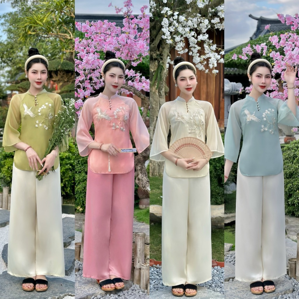 Sét bộ đồ lam đi chùa siêu sang trọng, thanh lịch sét lam cổ tàu 4 cúc ...