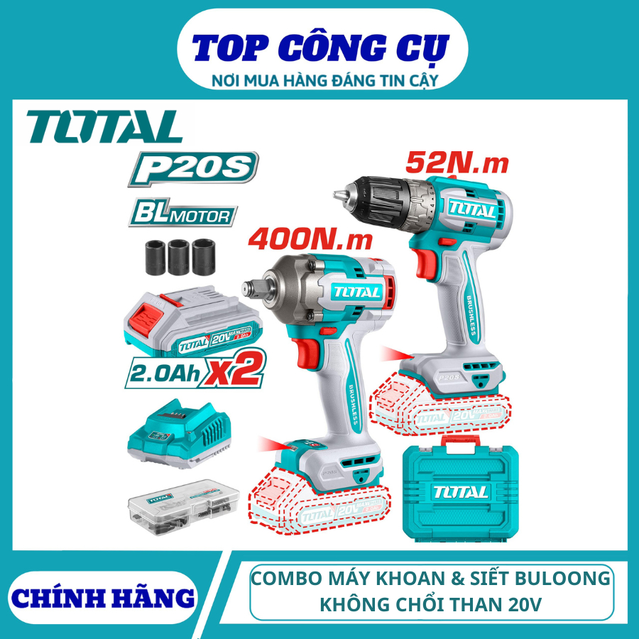 TOTAL Bộ combo máy khoan TDLI204531 và máy siết buloong TIWLI2040 không ...