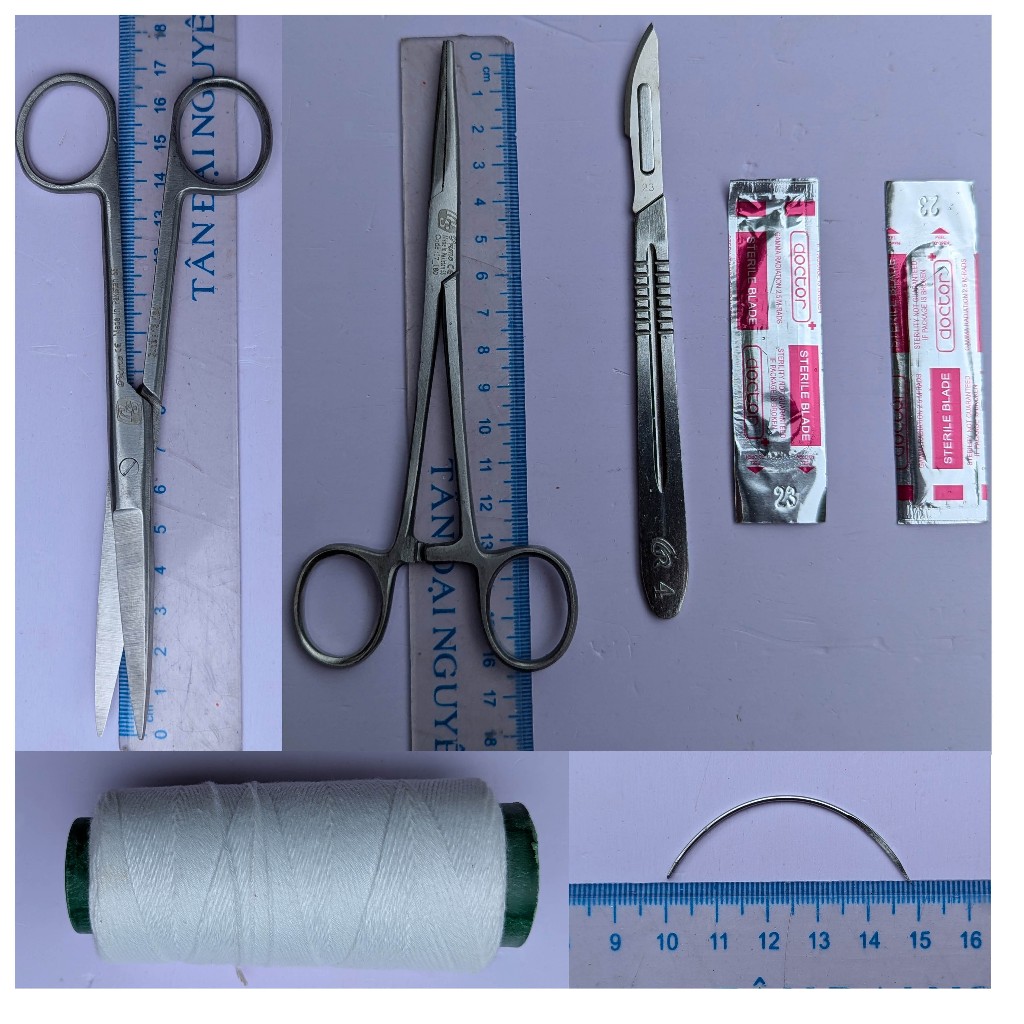 Panh kẹp, kéo thẳng, cán dao mổ số 4, lưỡi dao số 23, chỉ khâu da, kim ...