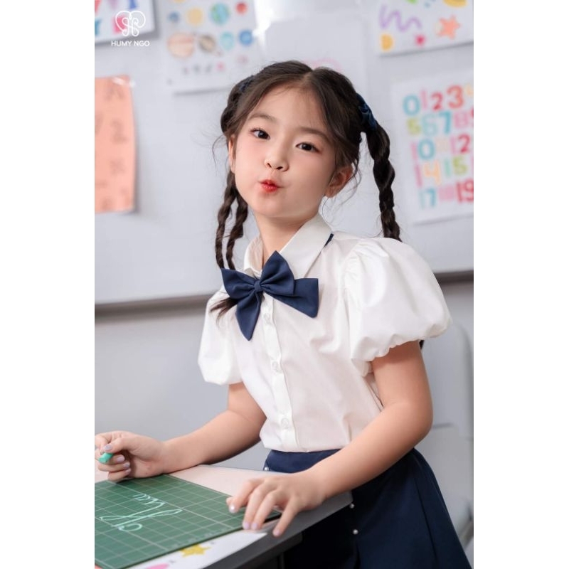 Áo Sơ Mi Bé Gái Mặc Đi Học HUMY NGO JOIE Tay Bông Gắn Nơ Chất Thô Hàn Mát Dành Cho Bé 15-40kg ...