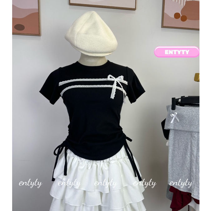 Áo thun phối viền ren rút dây eo thời trang nữ 1003 | Shopee Việt Nam
