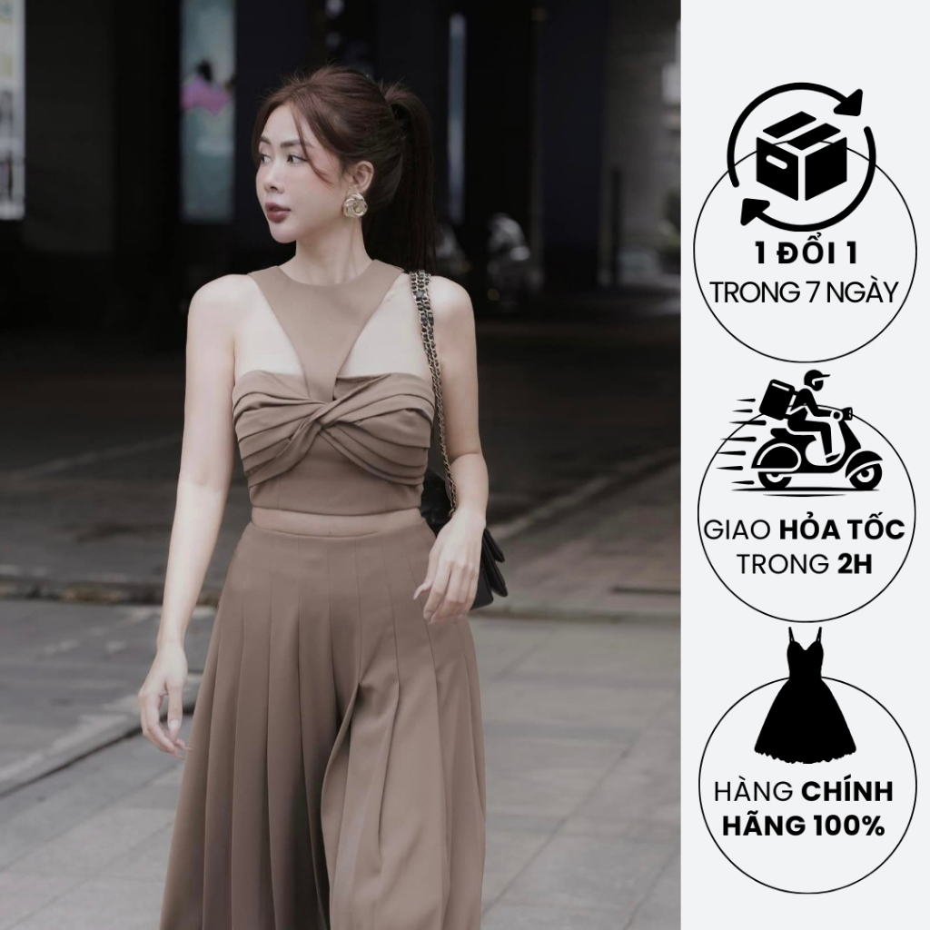 Set Đồ Tiểu Thư S634 MEDECHILL Áo Yếm Croptop Phối Quần Ống Rộng Xếp Ly ...