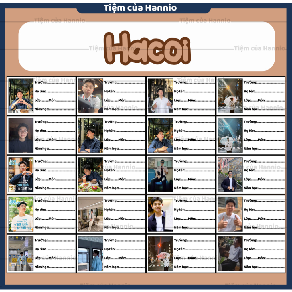 Bộ 40 Nhãn vở in hình Hacoi không trùng nhau, kích thước 7.4x4.2cm ...