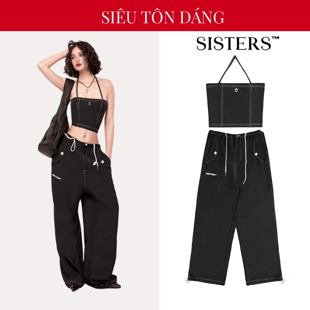 Set đồ nữ SISTERS áo tube cột nơ chỉ nổi và quần ống rộng lưng SIS-CLUB ...