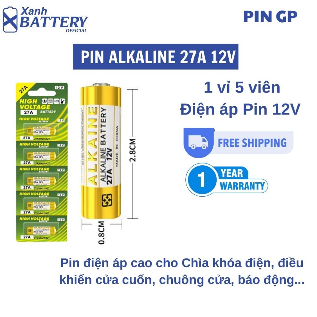 1 Vỉ 5 viên Pin ALKALINE 27A /12V Pin cho Chìa khóa điện, điều khiển ...