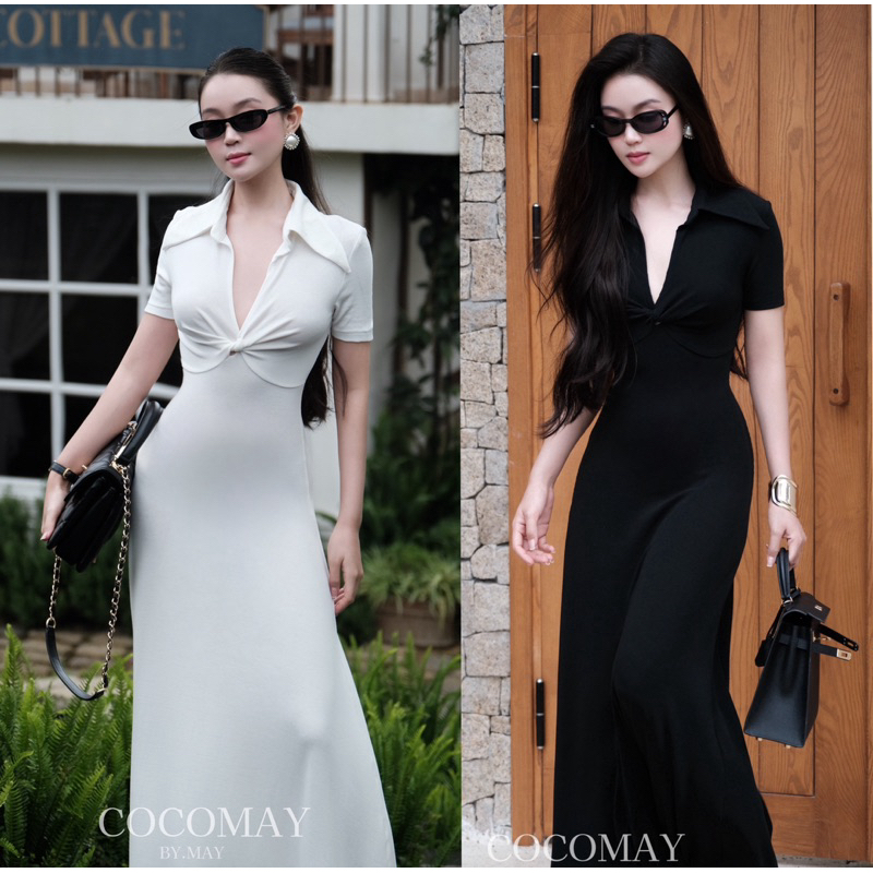 COCOMAY Đầm maxi dài Vặn xoắn ngực Đen, Trắng thiết kế ôm body tôn dáng chất liệu nhập hàn ...