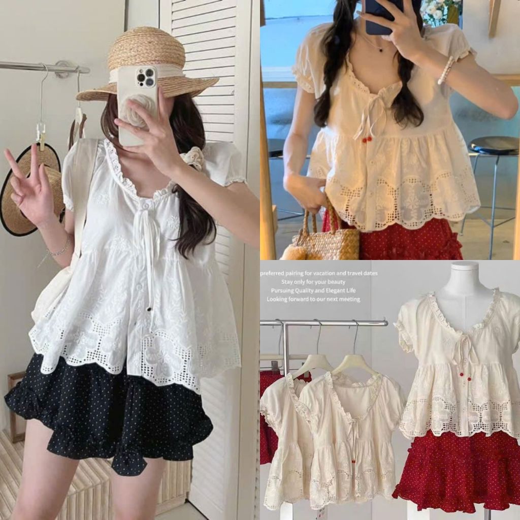Áo Babydoll Tay Bí Cổ Ren Hoạ Tiết Hoa Thêu Thắt Nơ Ngực, Labibi ...