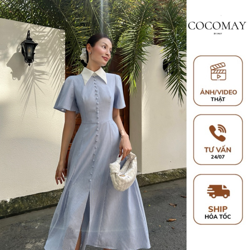 COCOMAY Đầm cổ sơ mi trắng kẻ sọc xanh dài nút bọc Đầm nữ ứng dụng đi học đi làm đi chơi ...