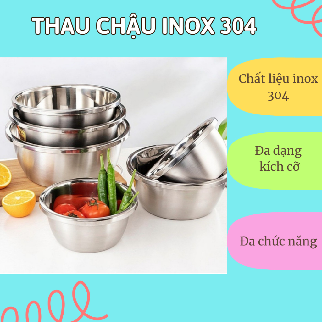 Thau inox 304 sâu lòng Chậu inox 304 cao cấp dày dặn có viền cầm tay tiện lợi Thau Trộn Inox Đáy ...