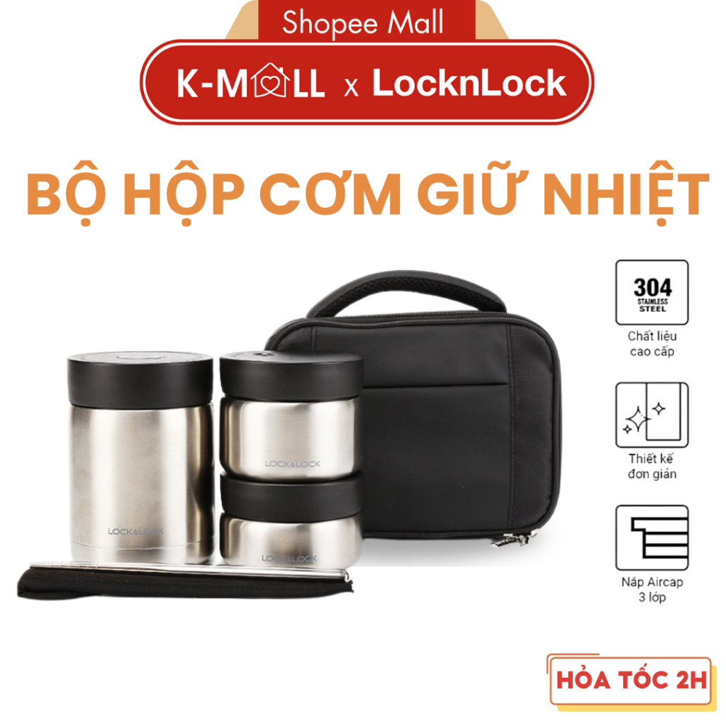 Bộ hộp cơm giữ nhiệt LocknLock 3 ngăn LHC8031 LHC8031SLV , có nút thoát ...