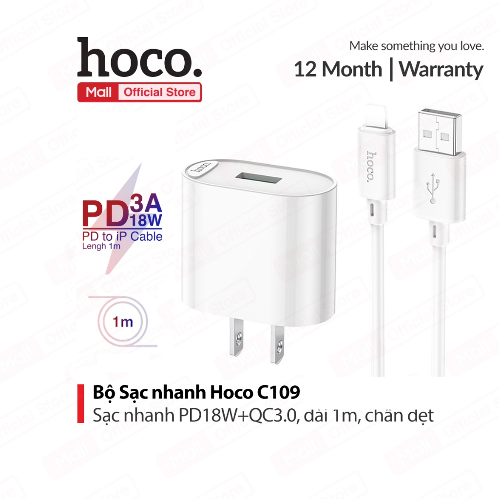 Bộ sạc nhanh Hoco C109 PD18W+QC3.0 USB to IP dùng cho ip6/7/8/X/11/12 ...
