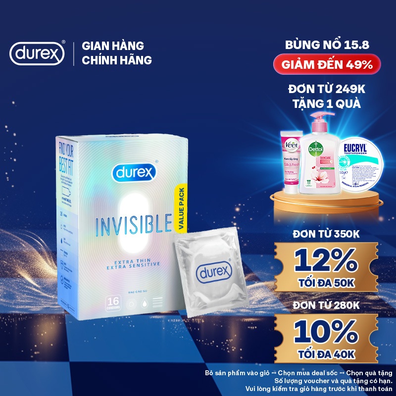 Bao Cao Su Durex Invisible Siêu Mỏng, Size 52 mm, Hộp 16 Bao Mới Ra Mắt ...