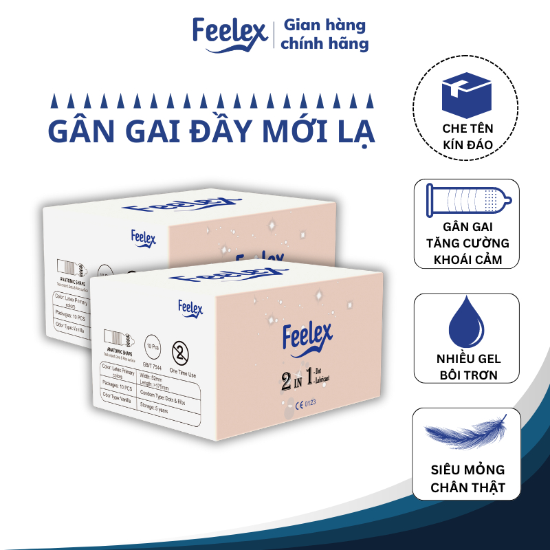 Combo 2 hộp bao cao su gai Feelex 2 in 1 nhiều gân gai và gel bôi trơn ...