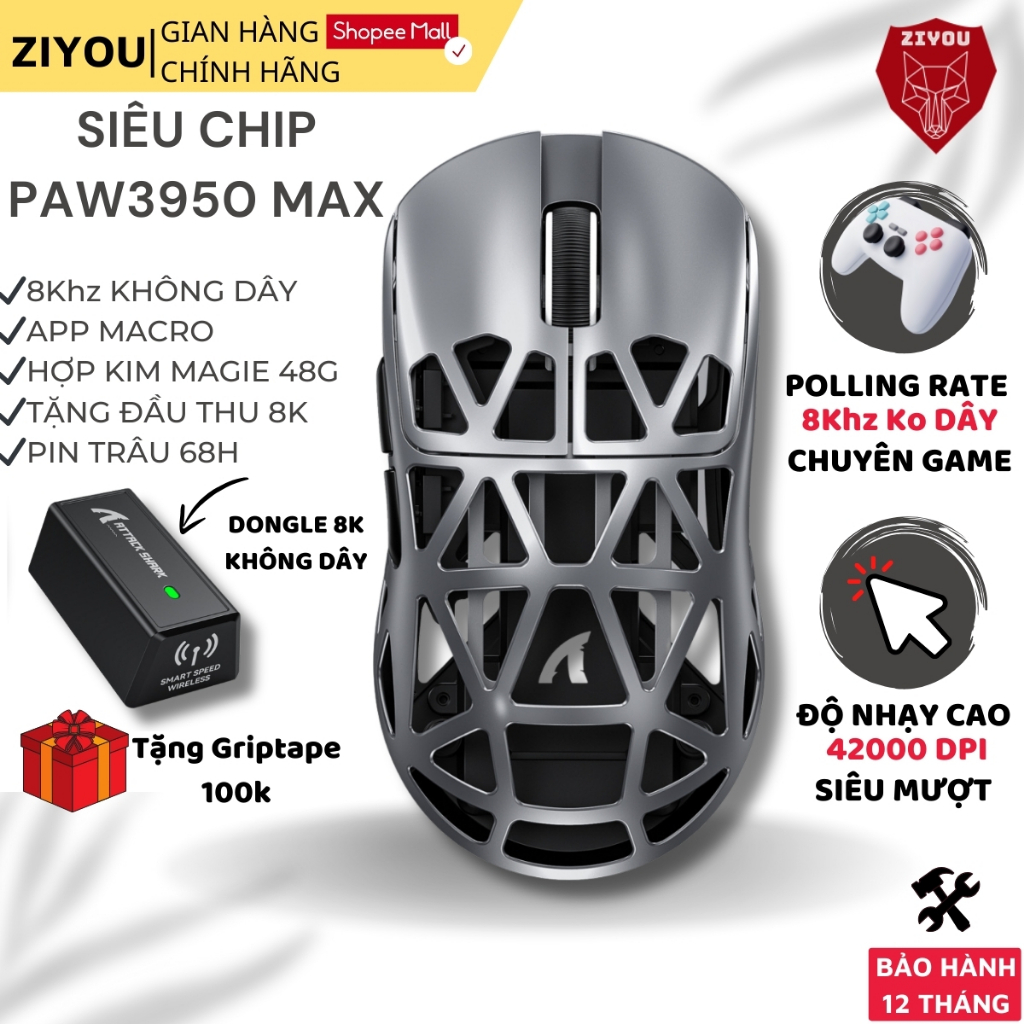 Chuột Không Dây Bluetooth Ziyou Attack Shark R2 Siêu Nhẹ Chip PAW3950 ...