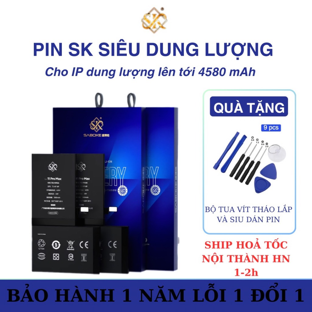 Pin SABOKE siêu dung lượng cho ip 6/7/8/X/XS/XR/XSM/11/12/12PRM - Bảo hành 12 tháng tặng kèm bộ ...
