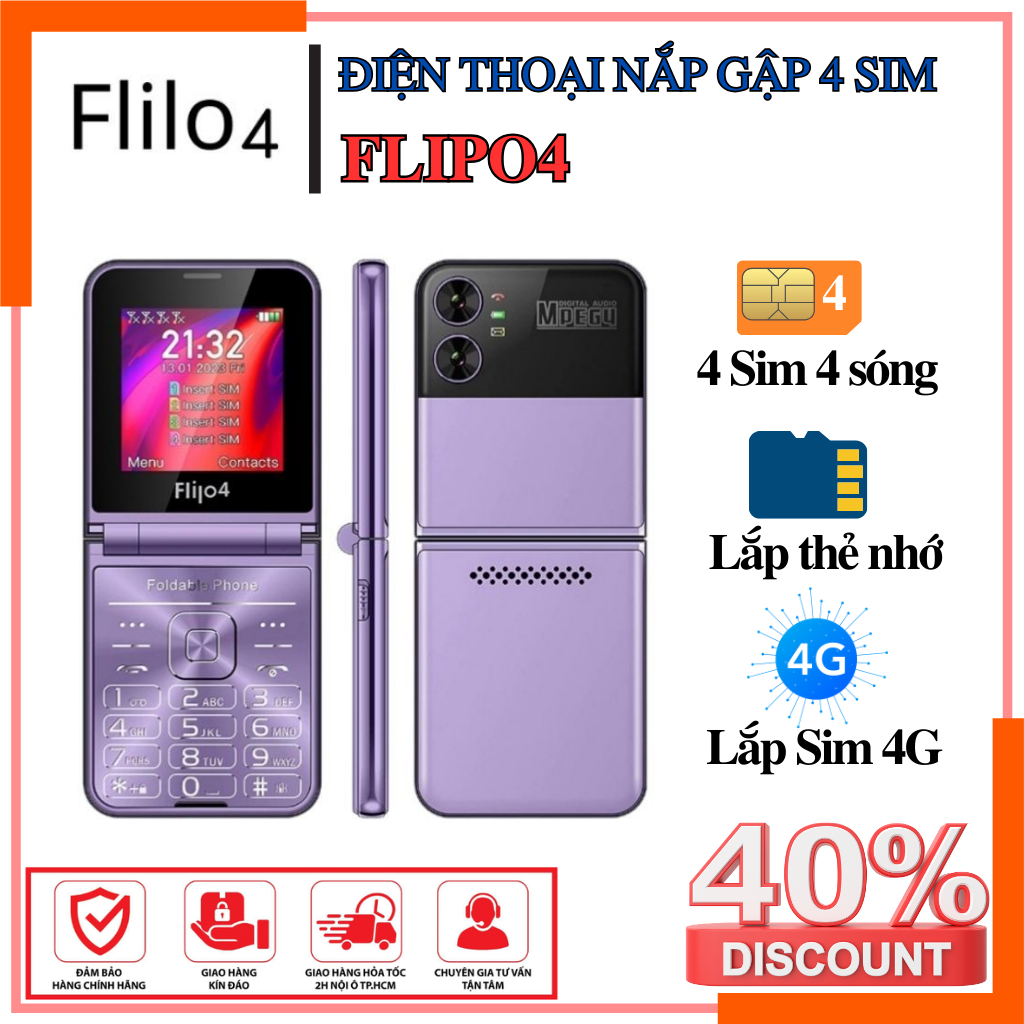 Điện Thoại 4G Nắp Gập FLIPO4 - 4 sim 4 sóng, Đổi giọng nói, Nghe nhạc ...