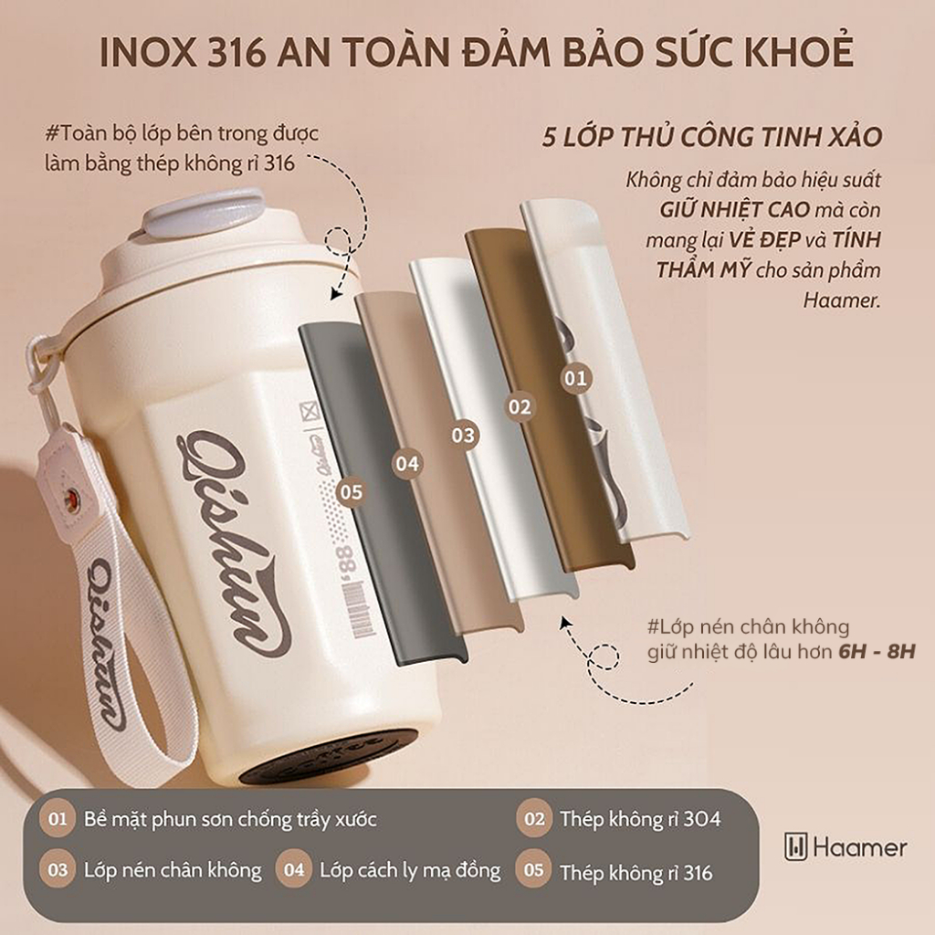 Cốc Giữ Nhiệt Haamer x Qishun Inox 316 An Toàn Thực Phẩm, Ly Giữ Nhiệt Lâu 6h-8h, 450ML Tiện Lợi ...